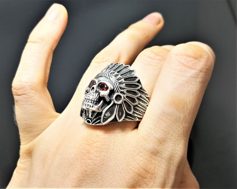 American Indian Skull Tribal Chief Warrior Sterling Silver 925 Ring ...