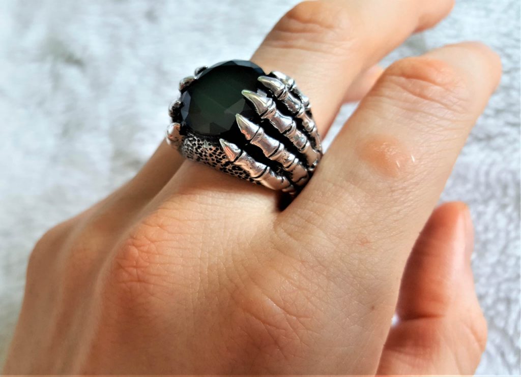 STERLING SILVER 925 Skeleton Hand Gothic Black Onyx Gemstone Wicca ...