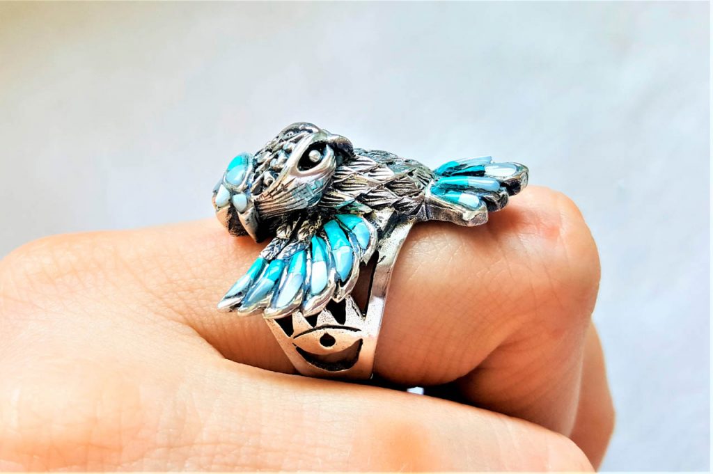 Owl Ring STERLING SILVER 925 Natural Turquoise, Mother of Pearl Wise ...