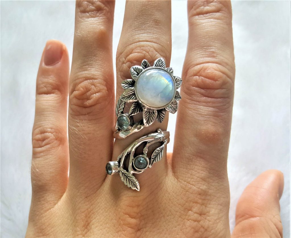 FLower Genuine Moonstone & Blue Topaz Sun Flower 925 Sterling Silver ...