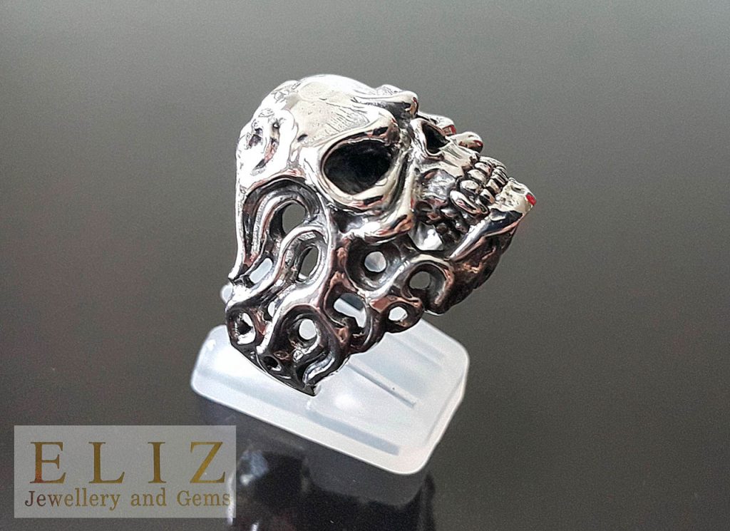 925 Sterling Silver Ghost rider Fire Skull punk goth biker rocker Ring ...
