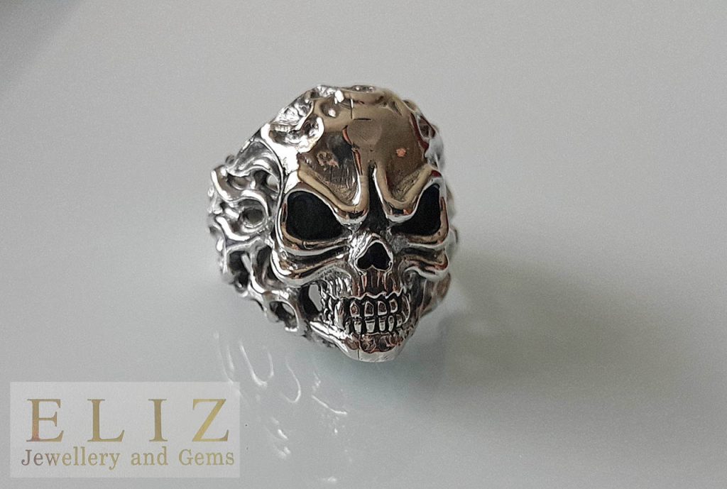 925 Sterling Silver Ghost rider Fire Skull punk goth biker rocker Ring ...