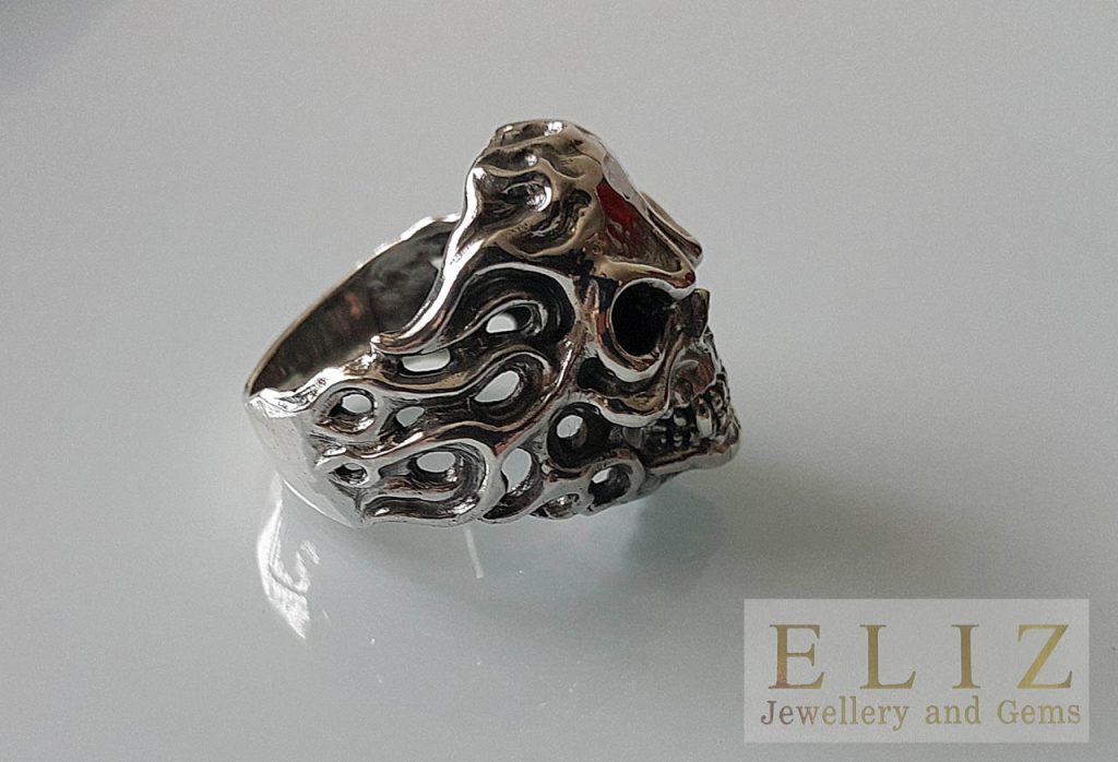 925 Sterling Silver Ghost rider Fire Skull punk goth biker rocker Ring ...